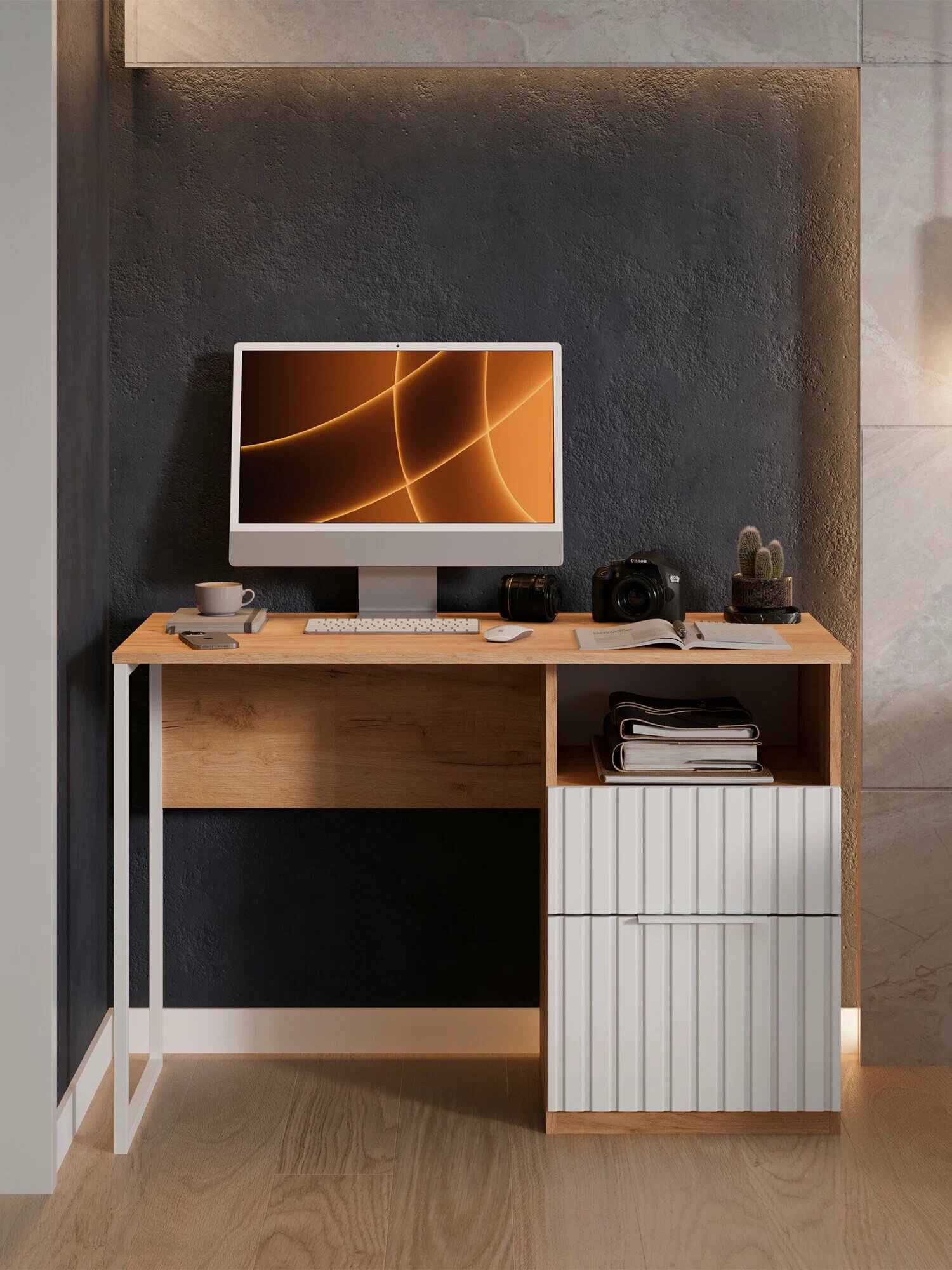 Письменный (компьютерный) стол с ящиками Хилтон, ШВГ: 110,2х75х50,3 см, цвет Дуб крафт золотой, Белый матовый