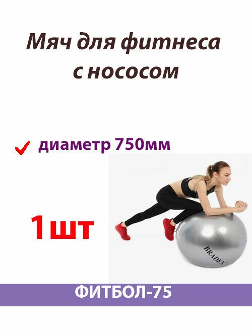 Мяч для фитнеса, диаметр 750мм, с насосом, цвет серый, ФИТБОЛ-75