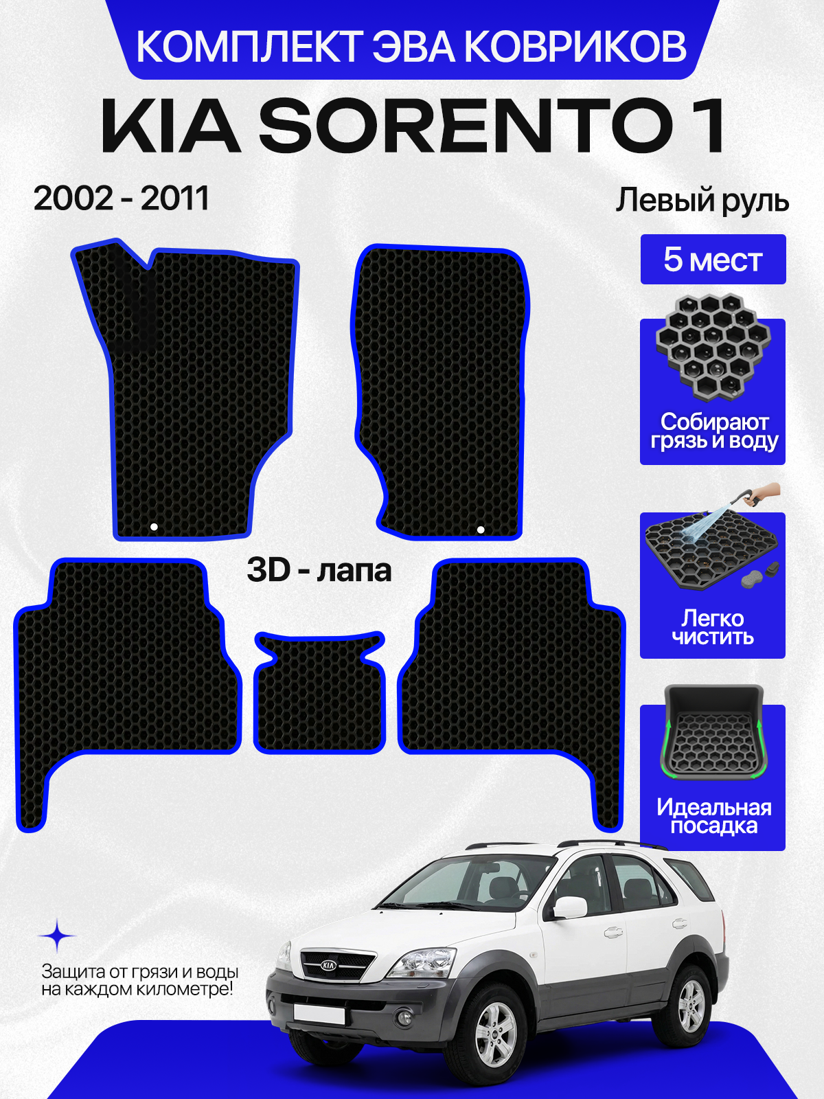 Эва коврики для KIA SORENTO 1 2002-2011 5 мест Левый руль, черный с синим кантом (Кия Соренто 1 поколение, Киа Соренто 1 поколение 2002-2011) Eva, Ева