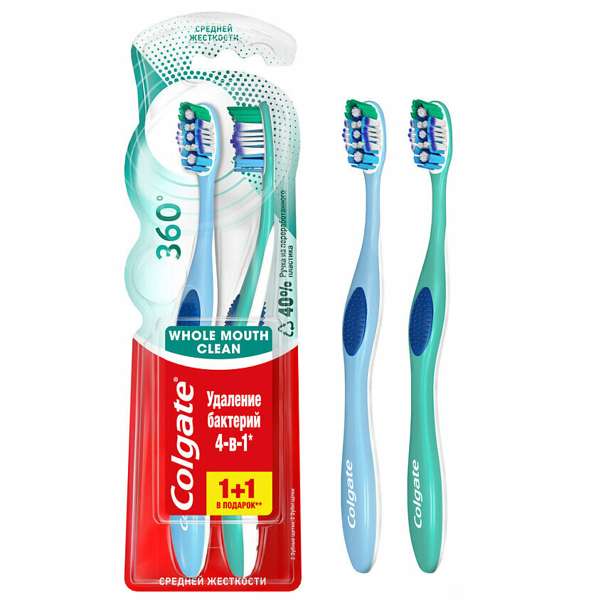Зубная щетка Colgate 360º Суперчистота всей полости рта антибактериальная средней жесткости 2+2шт
