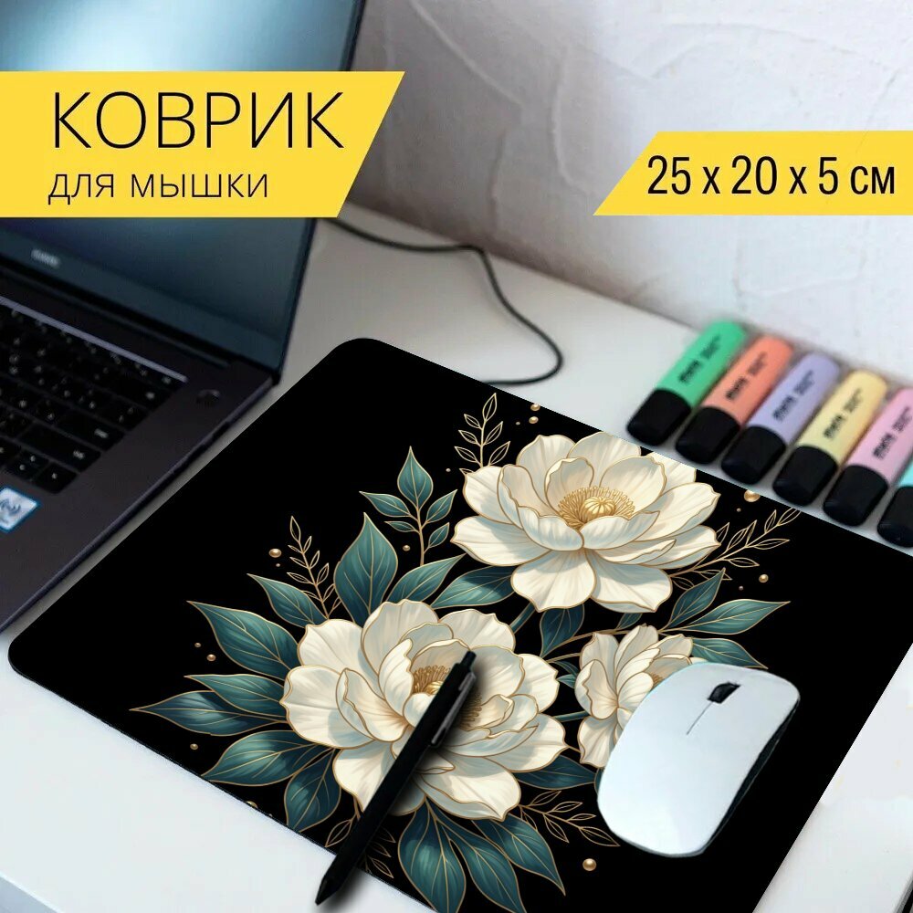 Коврик для мыши с принтом "Белые пионы с золотым контуром. Элегантная цветочная композиция с крупными кремовыми бутонами, синими листьями и золотыми линиями на черном фоне." 25x20см.