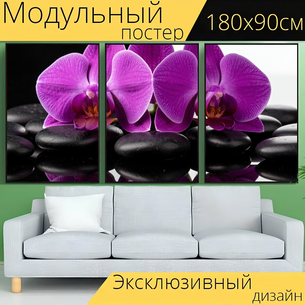 Модульный постер "Фиолетовые орхидеи на черных камнях. Яркие пурпурные цветы с нежными лепестками лежат на гладкой гальке с зеркальным." 180 x 90 см. для интерьера на стену в тубусе