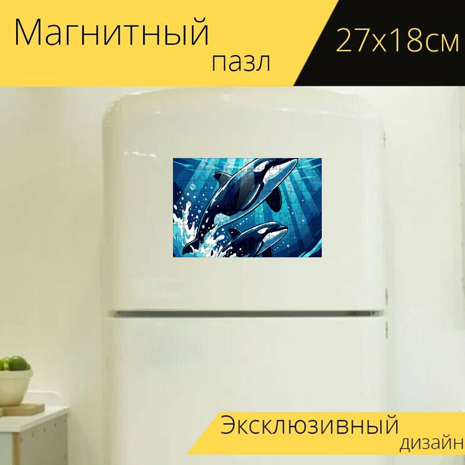 Магнитный пазл "Косатки в океанской глубине. Два черно-белых морских хищника плывут под водой среди брызг, пузырьков и сияющих лучей. Яркая векторная." на холодильник 27 x 18 см.