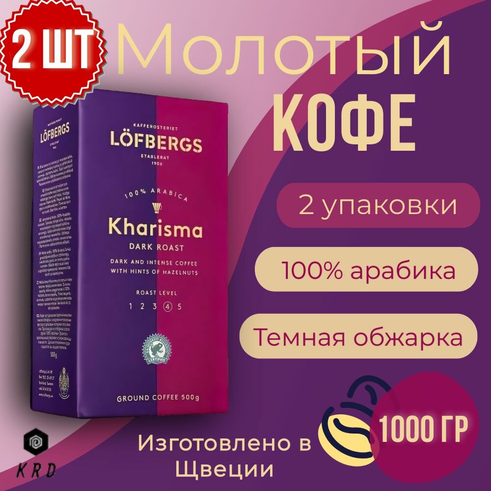 Кофе молотый арабика Lofbergs Kharisma (Обжарка №4), 2 шт по 500 гр