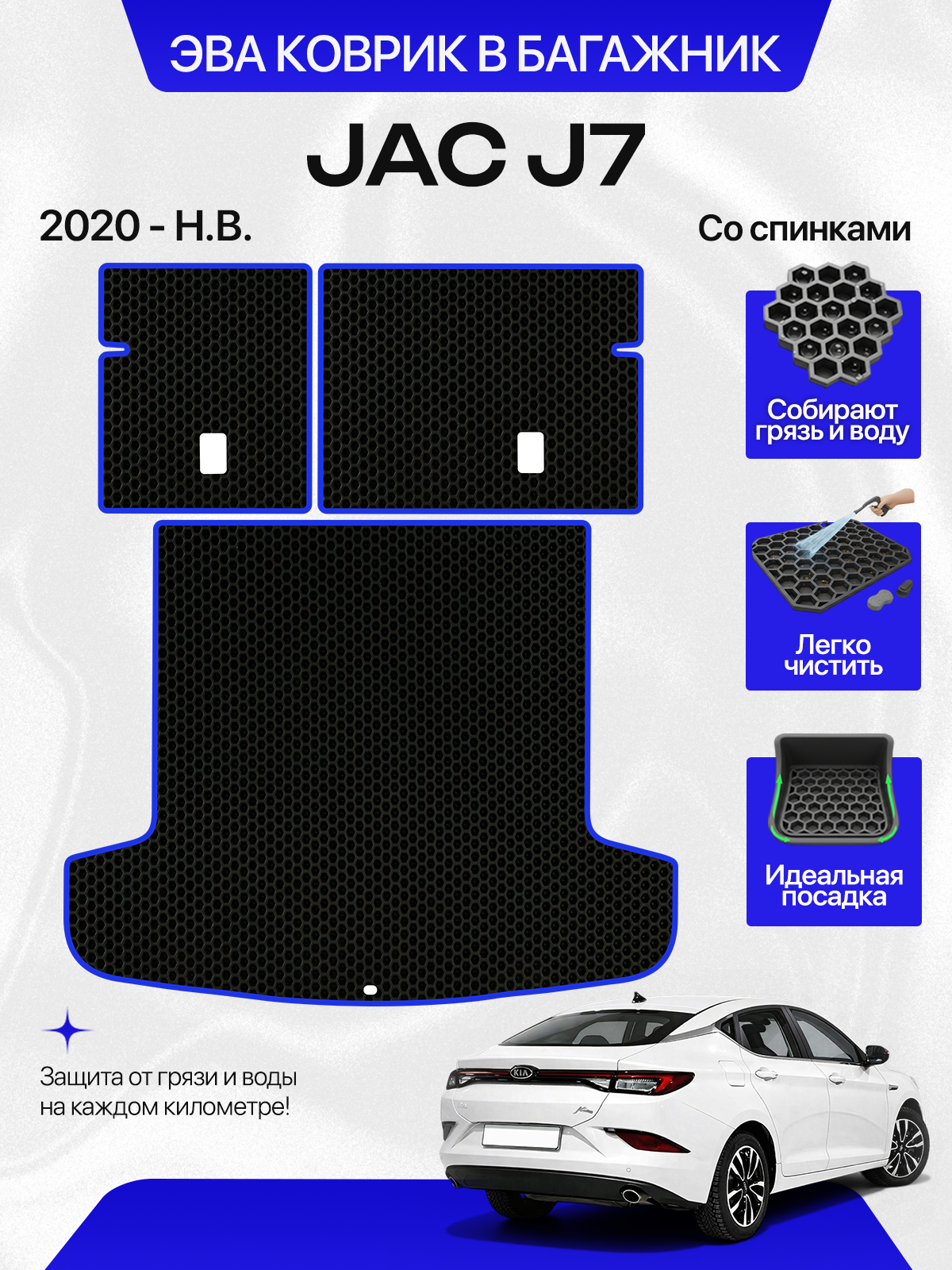 Эва коврик в багажник со спинками для JAC J7 2020-н. в, черный с синим кантом (Джак Джей 7 1 поколение 2020-нв ) Eva, Ева