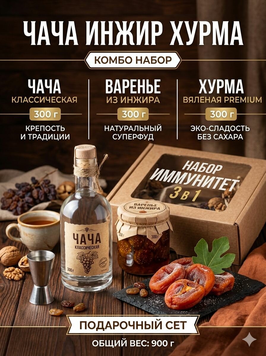 Подарочный набор Иммунитет 3 в 1: Чача 300г, Хурма вяленая 300г, Варенье из инжира 300г, 900 г