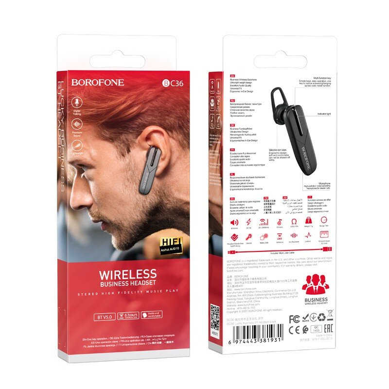 Односторонние беспроводные Bluetooth наушники для деловых звонков, крепление на ухо, черные — идеально для вождения и