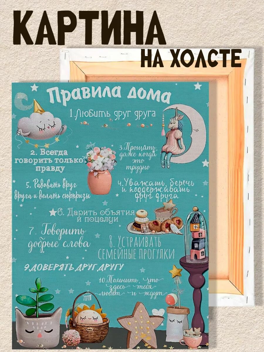 Картина на стену Правила дома, на подрамнике, 1шт, 55х38 размер.