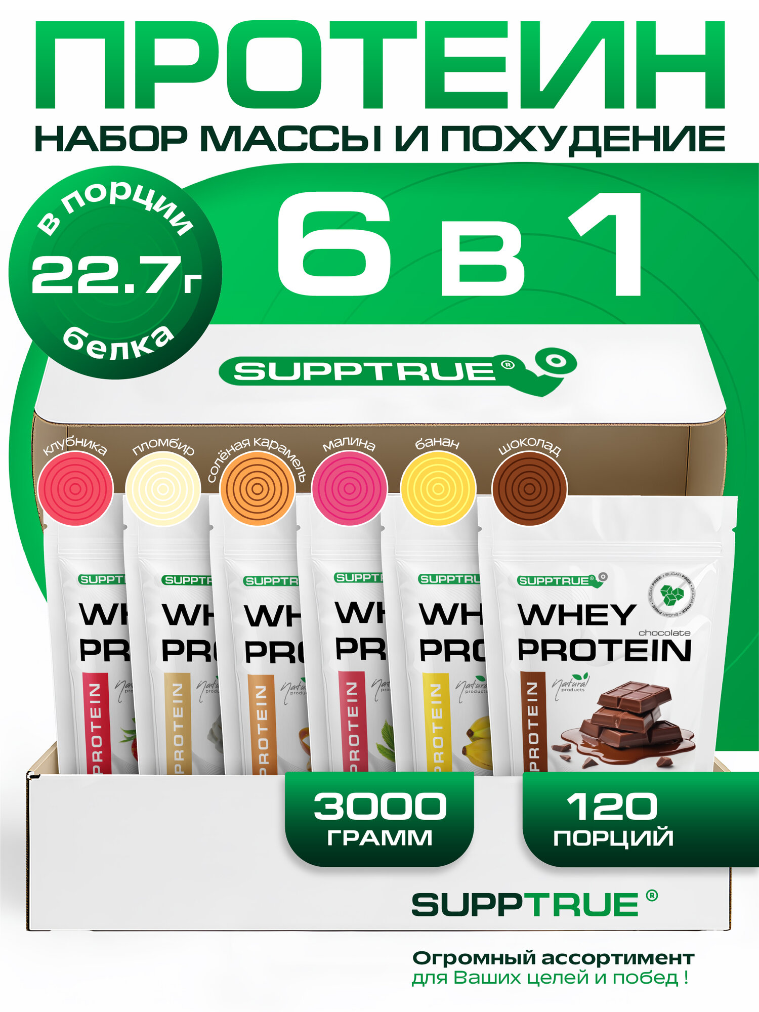 Протеин 3кг молочный сывороточный для похудения, для набора мышц 6 вкусов по 500 гр
