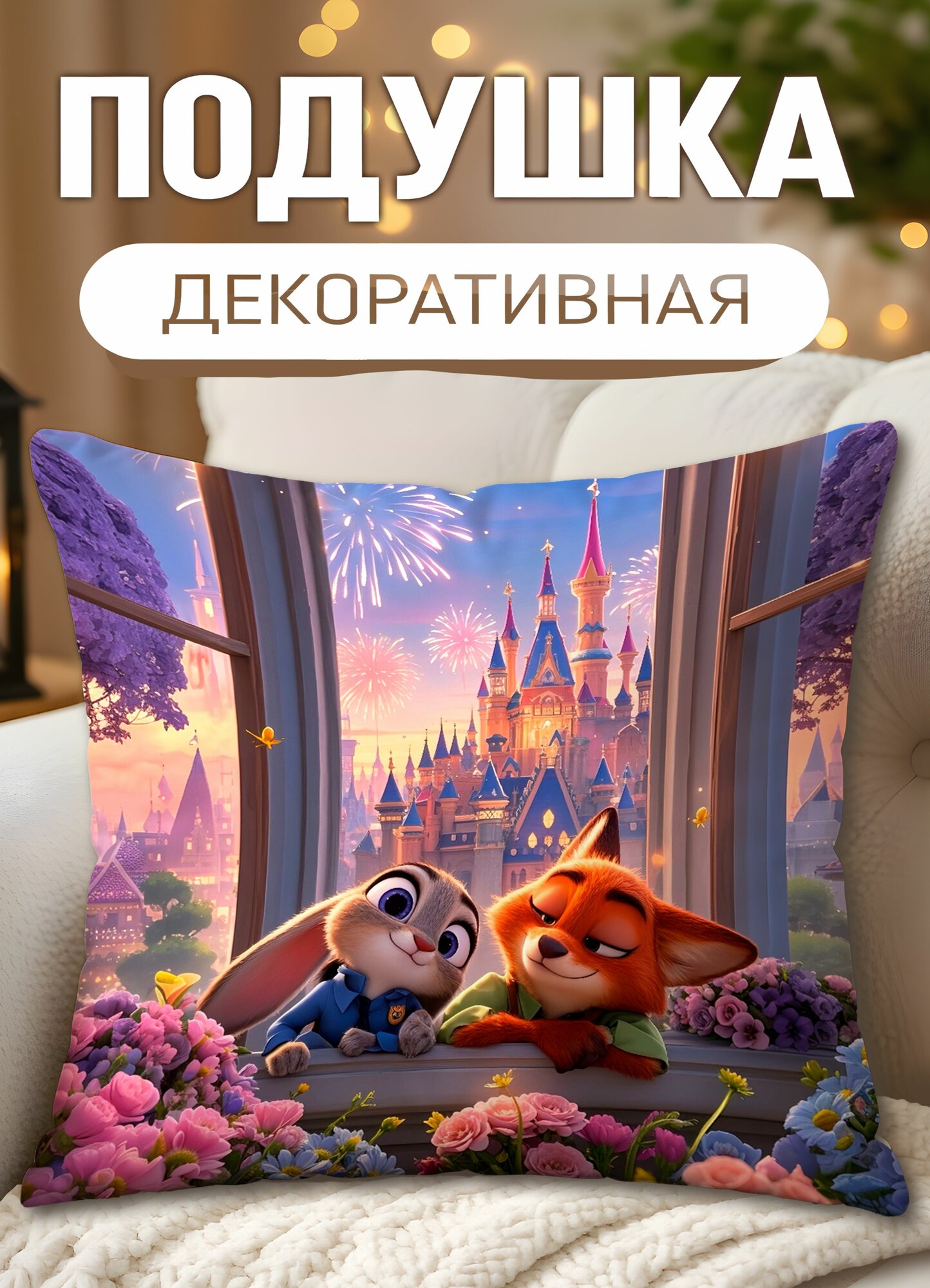 Подушка декоративная с принтом Зверополис Дисней, размеры 40 х 40 см, 1 шт.