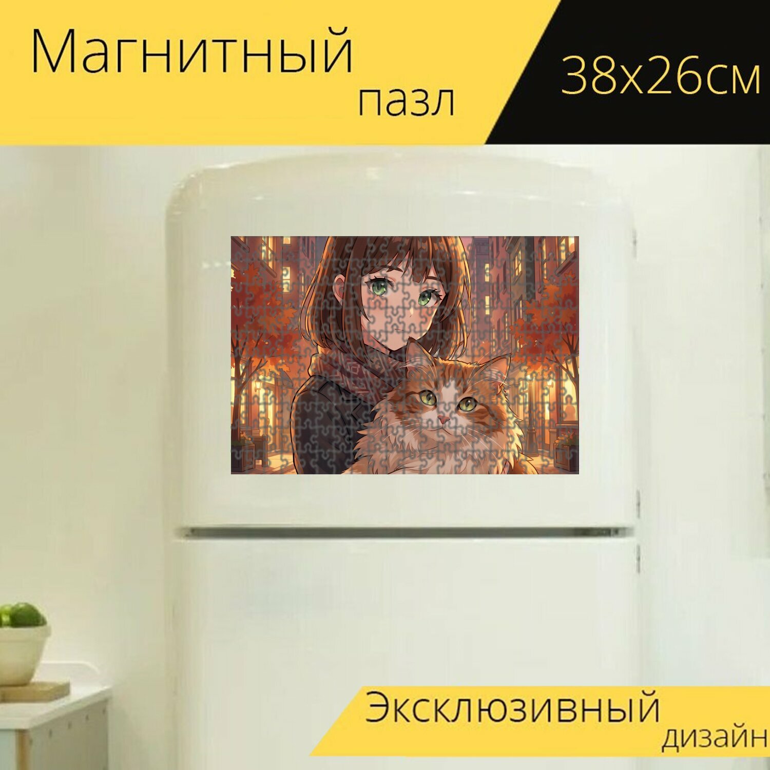 Магнитный пазл "Девушка с котом на закате. Аниме-иллюстрация юной брюнетки с зелёными глазами и пушистым рыже-белым питомцем на уютной городской улице." для интерьера, 38х26 см.