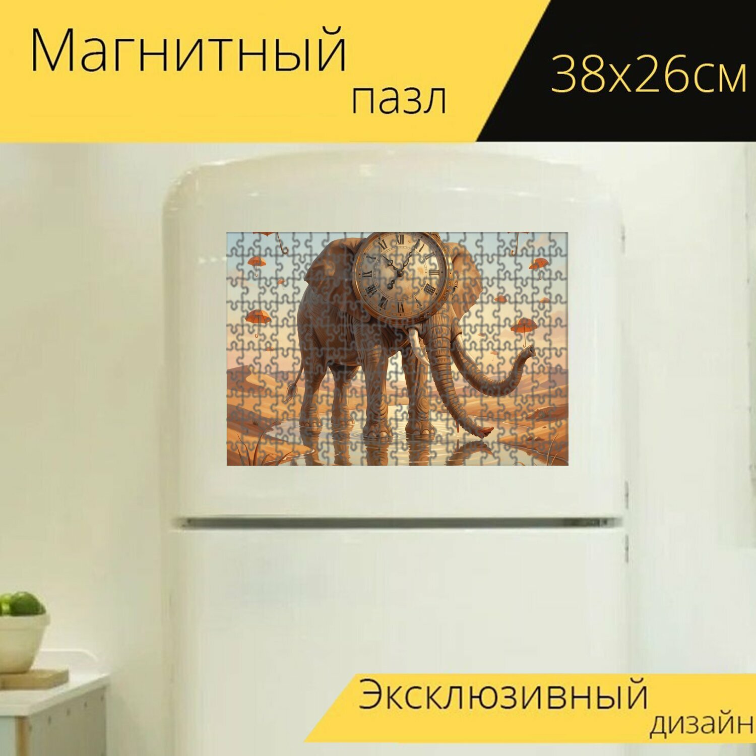 Магнитный пазл "Слон с часами и зонтами. Сюрреалистичная композиция: африканский великан с циферблатом вместо головы, парящие зонты, пустынные дюны и." для интерьера, 38х26 см.