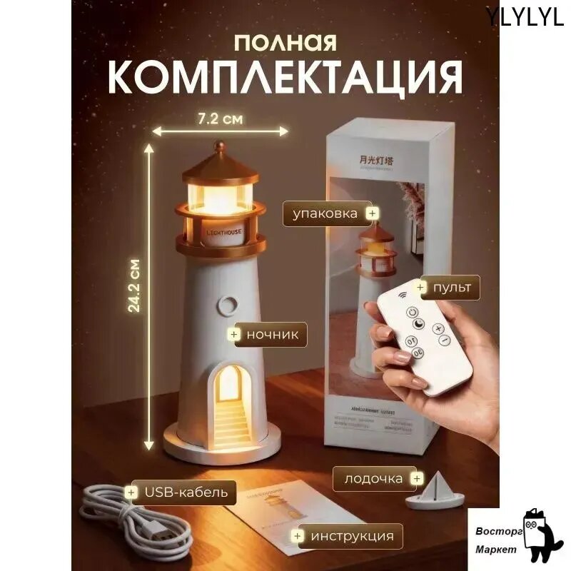 Ночник детский проектор маяк луна с пультом проекцией луны и мягким теплым светом