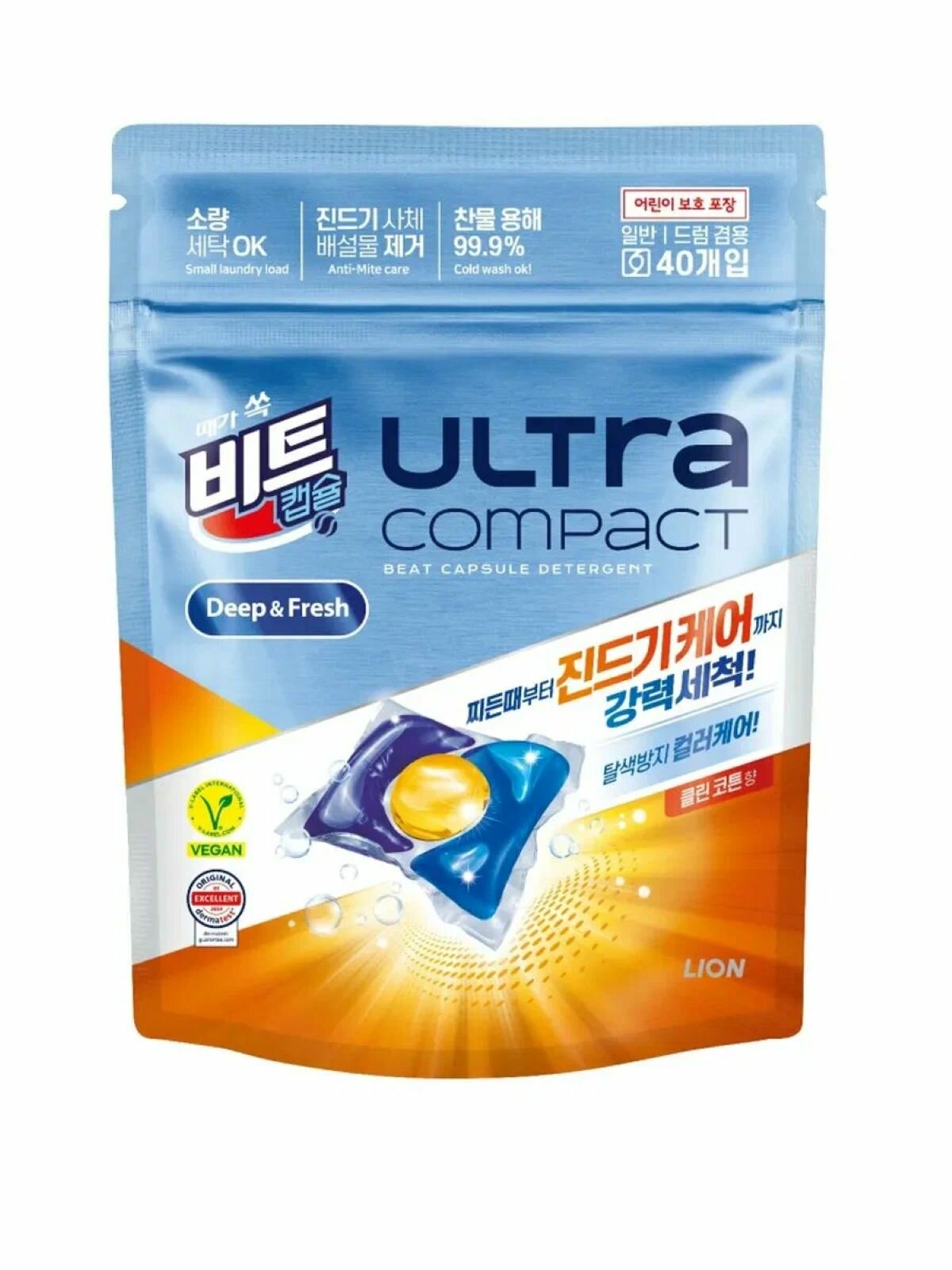 Жидкое средство Lion Korea для стирки, Ultra Compact Anti Mite Care, Хлопок, защита цвета, капсулы, 8г х 40шт