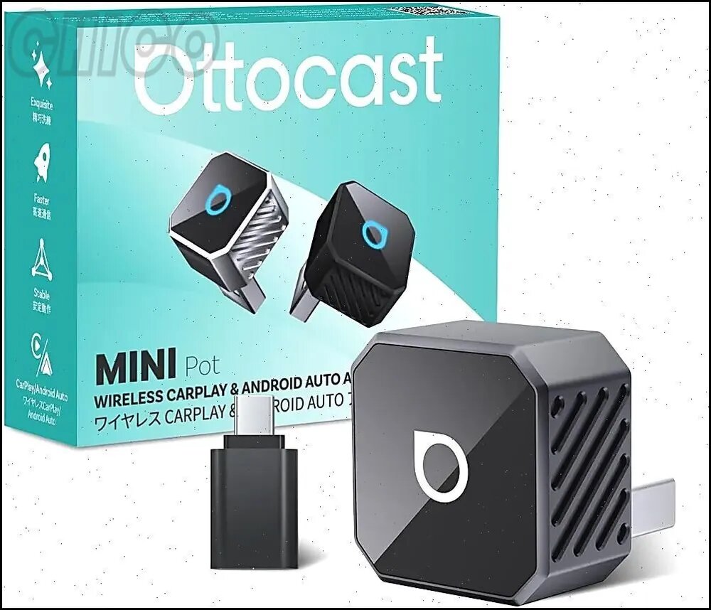 Ottocast MINI Pot Беспроводной CarPlay & Android Auto Адаптер, 1ГБ RAM, Bluetooth, черный