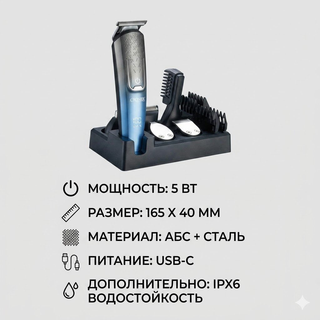Профессиональный беспроводной триммер для стрижки волос и бороды ProgTech CR-9086