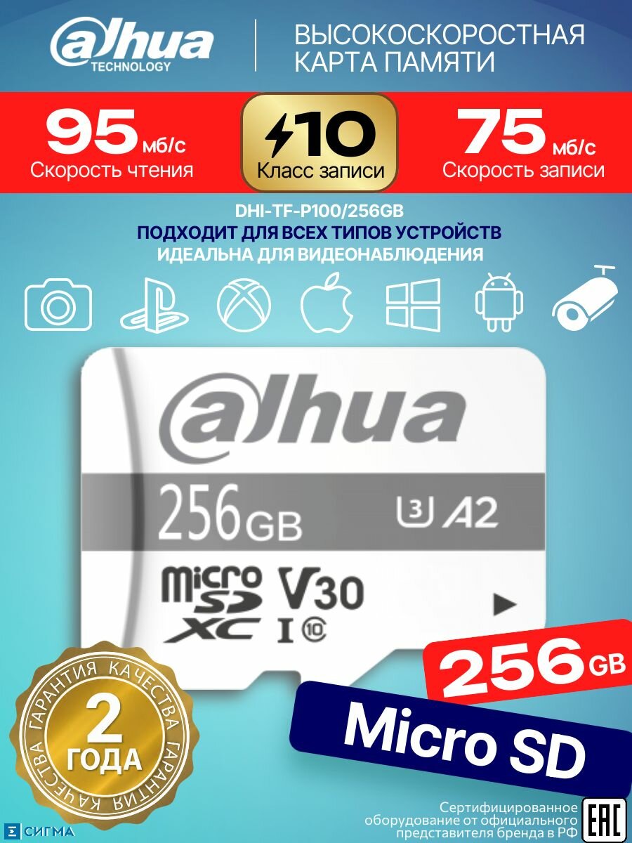 Карта памяти Dahua DHI-TFP100 256GB высокоскоростная 90МБ/с C10/U3/V30 защита от рентгена/влаги/магнита