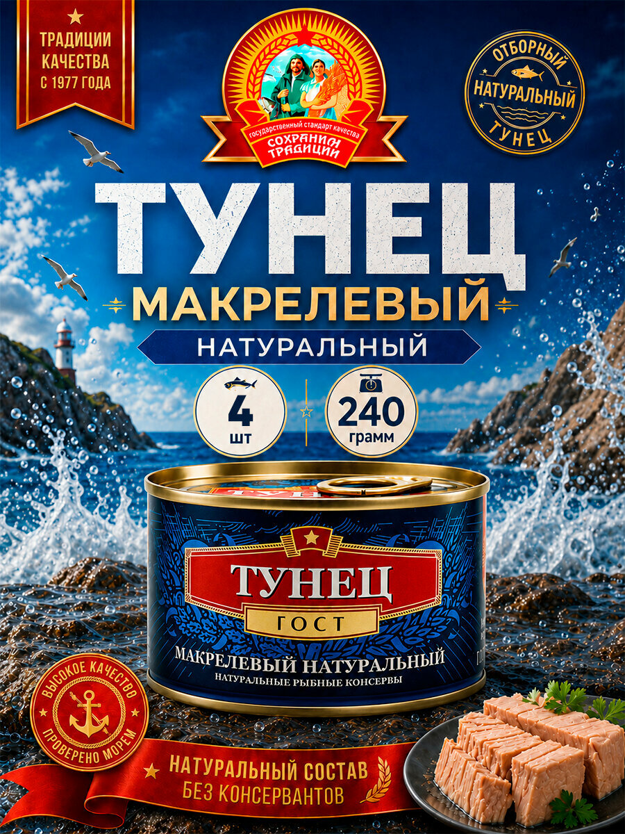 Тунец макрелевый натуральный ГОСТ Сохраним традиции, 4 шт по 240 г