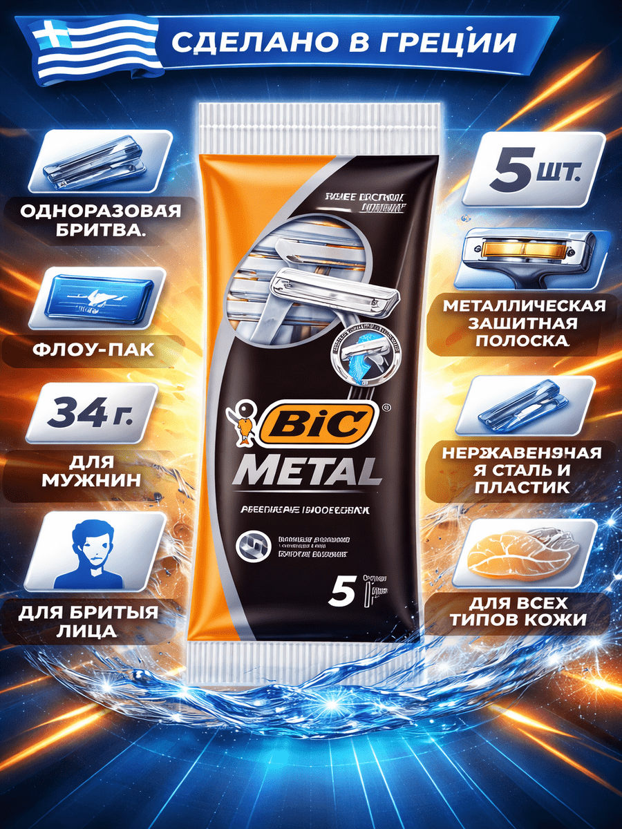 Бритва одноразовая мужская BIC Metal 1 лезвие защитная металлическая полоска, 5 шт