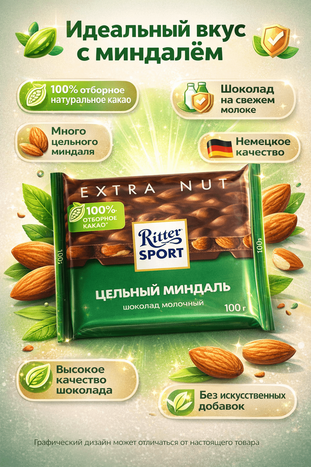 RITTER SPORT Молочный шоколад с цельным миндалём, 100 г