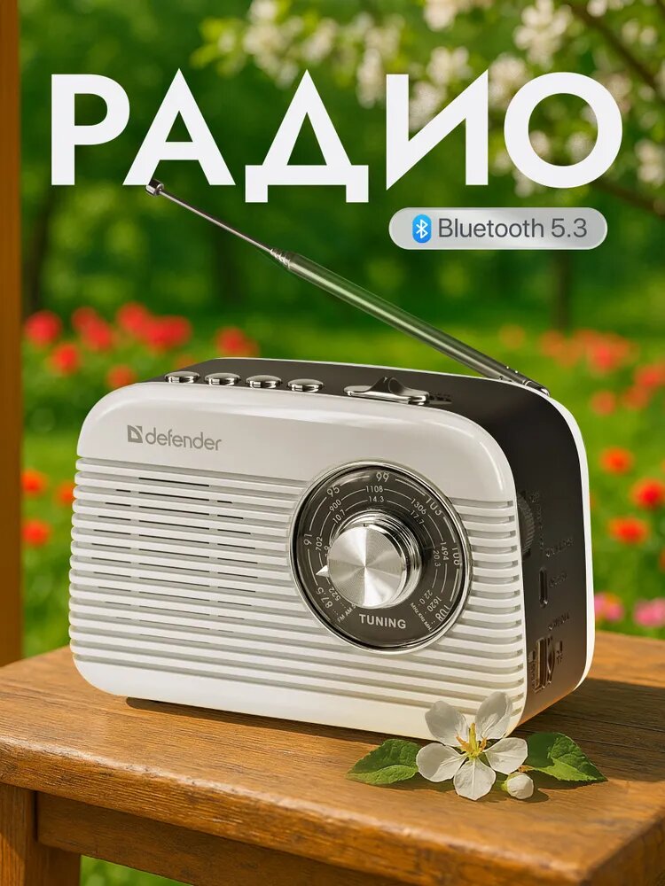 Портативный беспроводной FM/AM/SW радиоприемник Defender Вега 58 Дб, с Bluetooth 5.0 и поддержкой флеш накопителей и карт памяти microSD, USB, TF. Разъём Type-C, съёмный аккумулятор