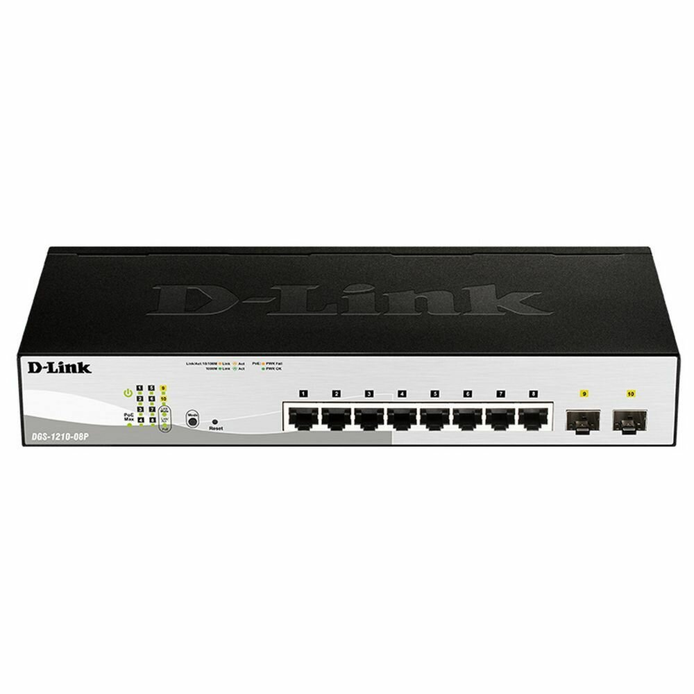 D-Link DGS-1210-08P/G3A Коммутатор настраиваемый L2 PoE-коммутатор, 8x1000Base-T PoE, 2х1000Base-X SFP, PoE-бюджет 65 Вт, упрощенный интерфейс CLI