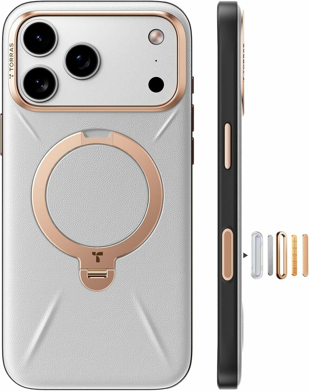 Чехол Torras Premium Leather Pivot для iPhone 17 Pro Max с магнитной вращающейся подставкой, полностью закрывает кнопки камеры, ультратонкий.