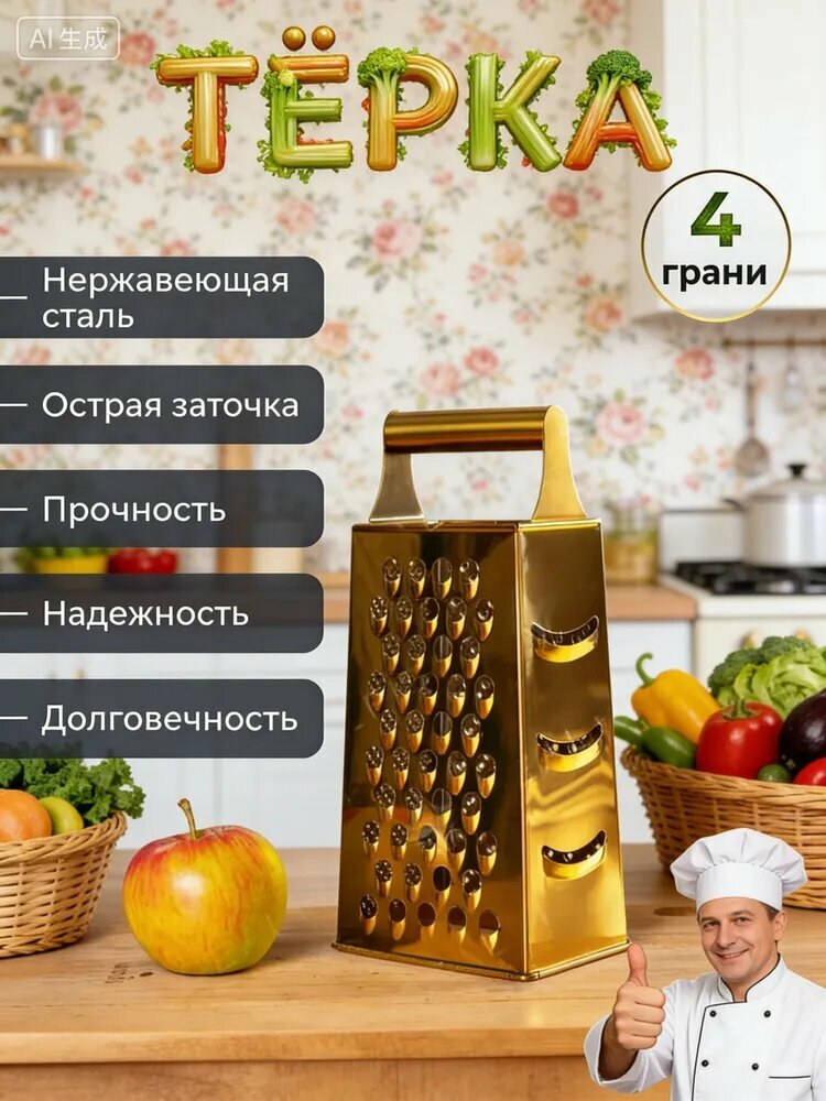 Тёрка из нержавеющей стали под позолоту, четырехсторонняя с ручкой/Используется для нарезки овощей на кухне