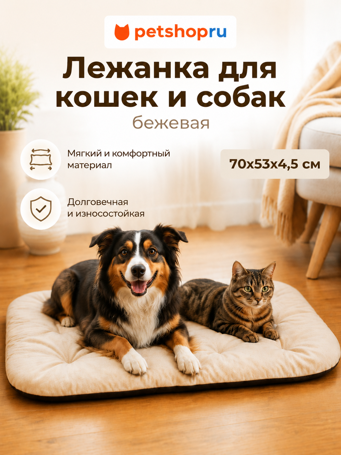 PETSHOP Подстилка прямоугольная, мягкая для собак и кошек, бежевая 70*53*4,5см