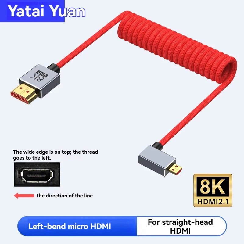 HDMI кабель 8K, красный, Left-bend micro HDMI - Straight HDMI