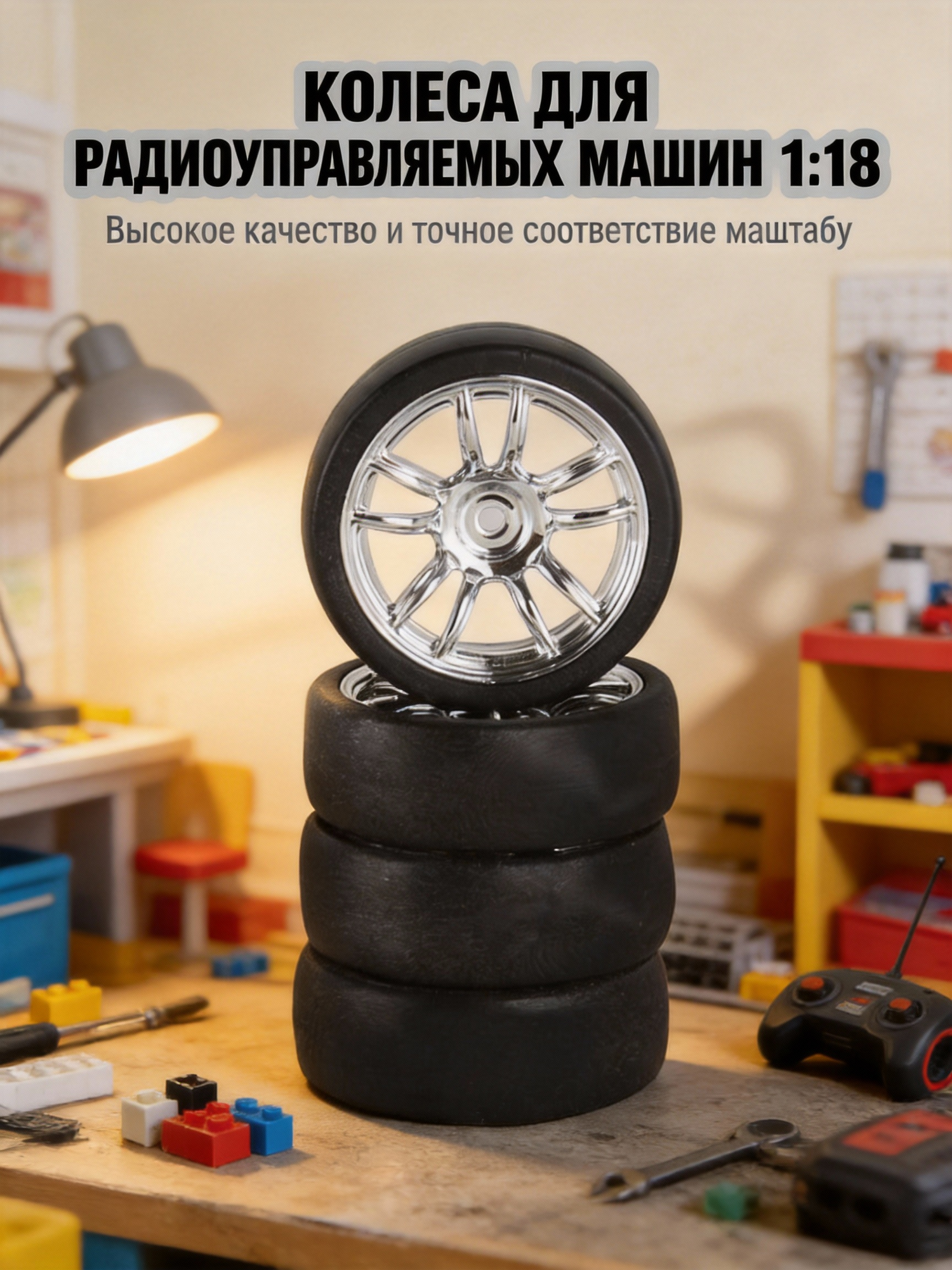 Набор 4 колеса для радиоуправляемой машины 1:18, шины и диски для замены с пластиковой текстурой и посадкой под концентратор 29 мм, цвета серебро или золото