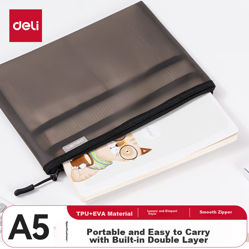 Deli TPU Zipper Pouch with Divider, Document Folder, File Holder, Exam Paper And Certificate Organizer, Black 64867-A5