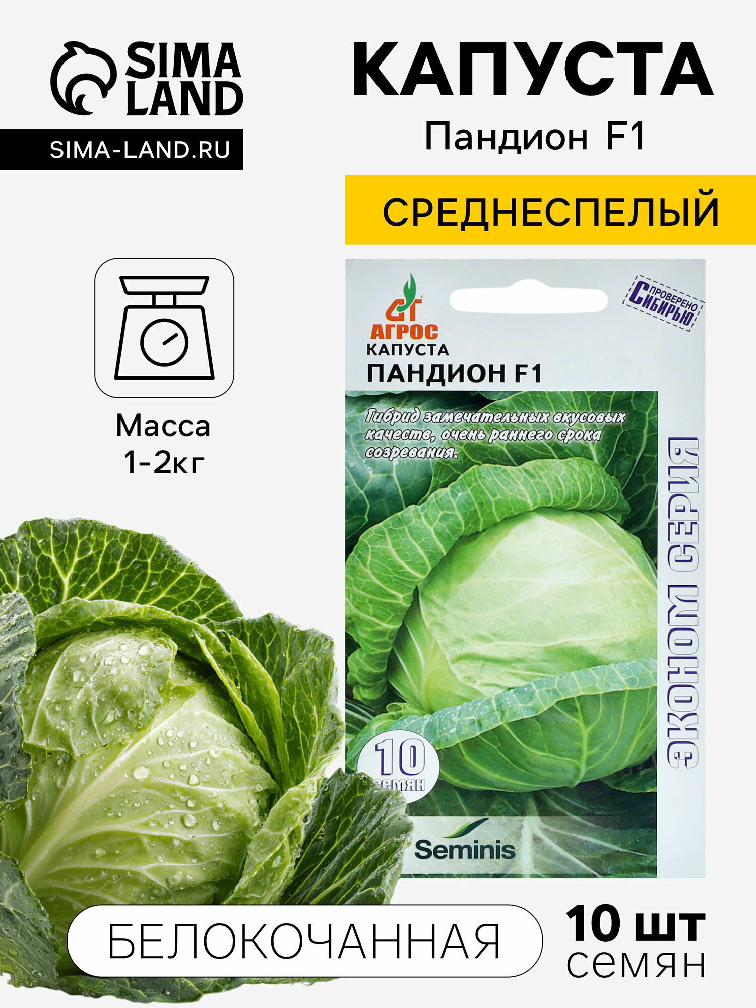 Семена Капуста белокочанная "Пандион", F1, 10 шт, "Агрос", посев на рассаду: апрель, 3 шт.
