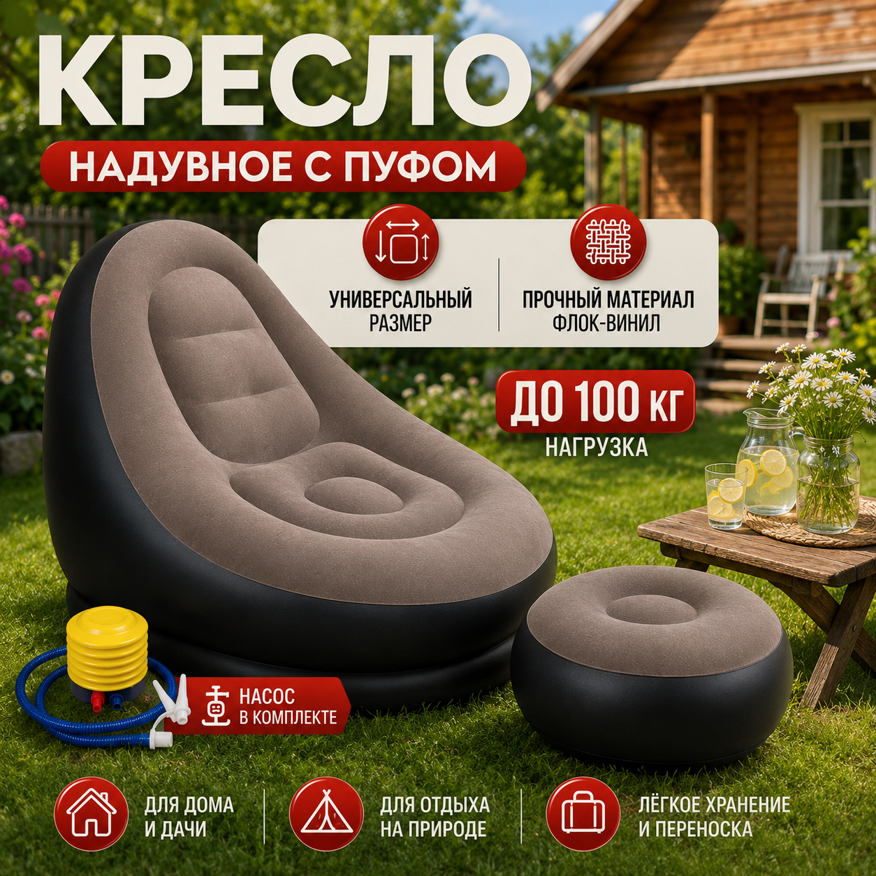 Надувное кресло кровать с пуфом /Надувное кресло с пуфом, с насосом для дома и для сна