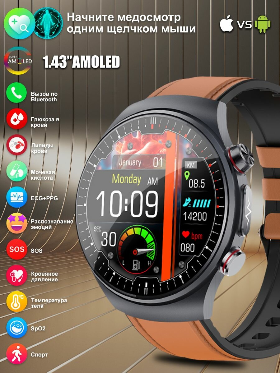 Умные часы 2025 с AMOLED-экраном и топовым чипом TI: Неинвазивный замер глюкозы, круглосуточный мониторинг сердца, Bluetooth-звонки.
