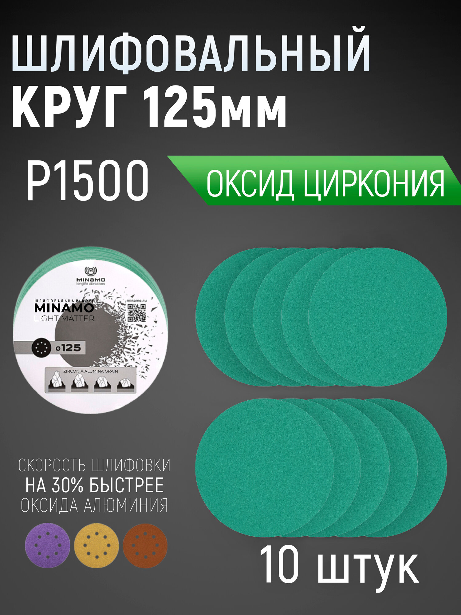 125мм P1500 10шт. Шлифовальный абразивный круг для шлифовки под липучку Minamo Light Matter 125мм WH