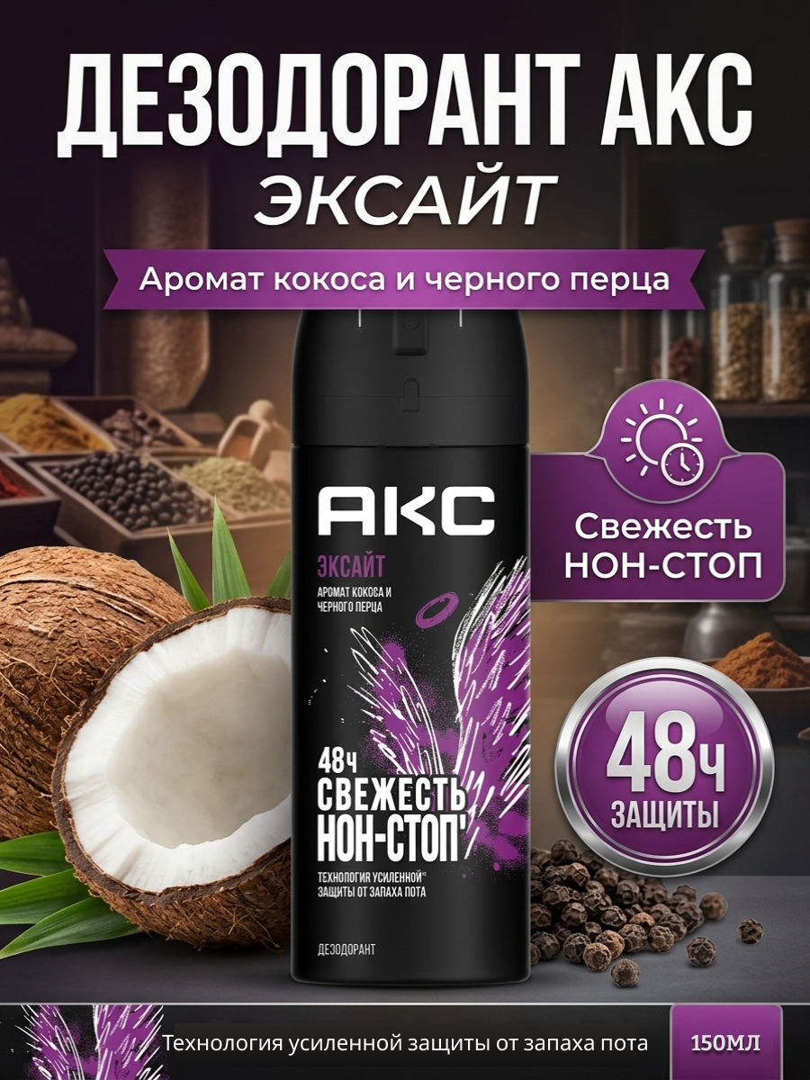 Парфюмированный дезодорант мужской спрей AКС Эксайт 150 мл: аромат кокоса и черного перца