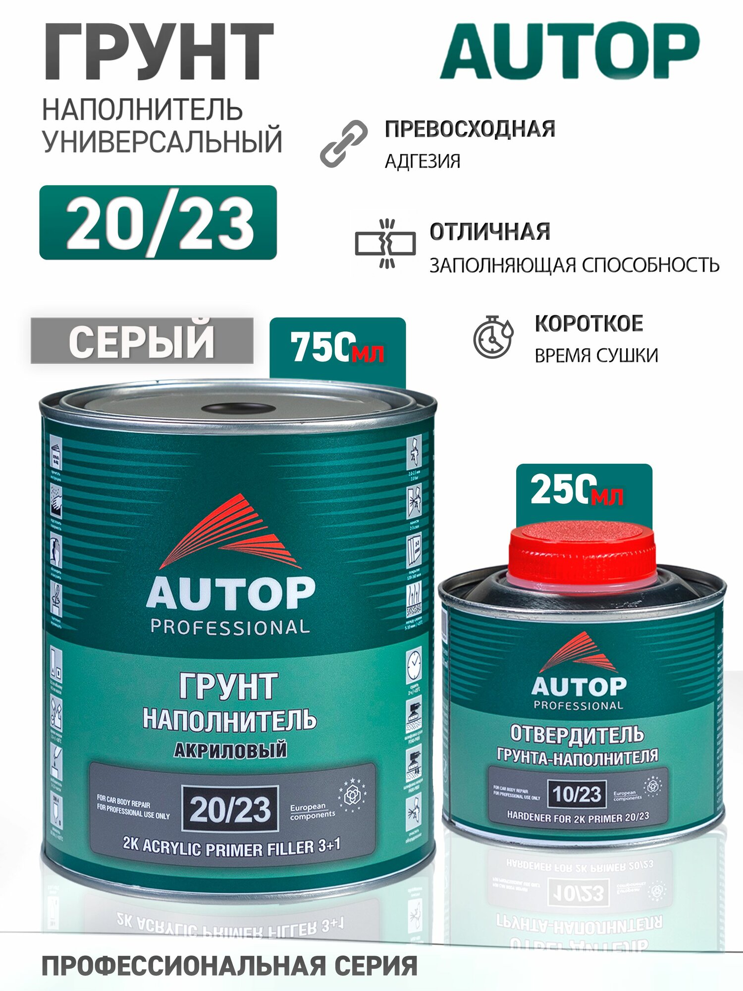 Грунтовка для автомобиля AUTOP 20/23, акриловый грунт наполнитель изолятор 2К 3:1 серая, для кузовного ремонта, 1 л