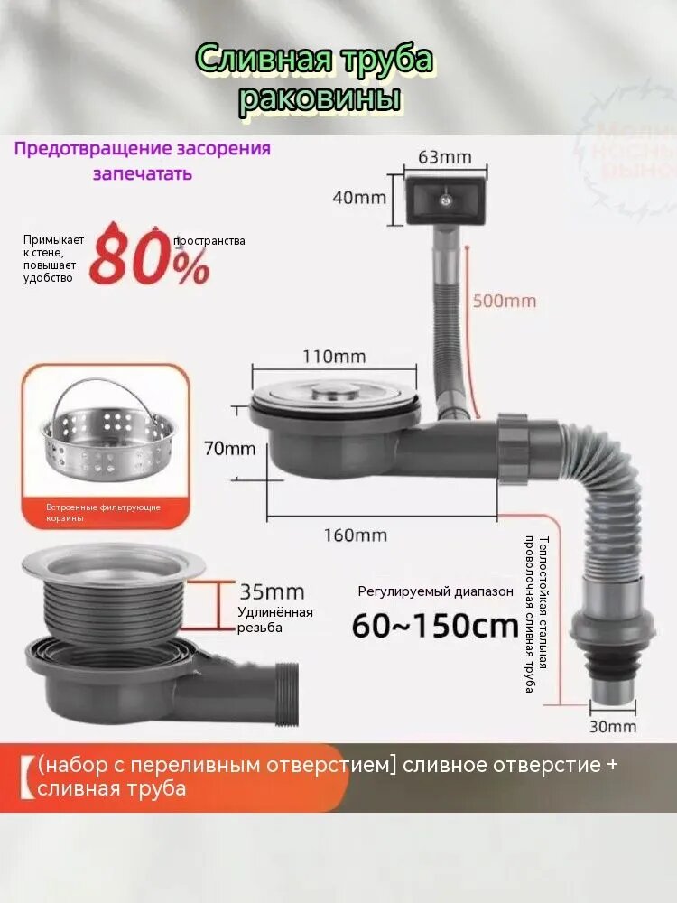 Сифон для кухонной мойки плоский без перелива