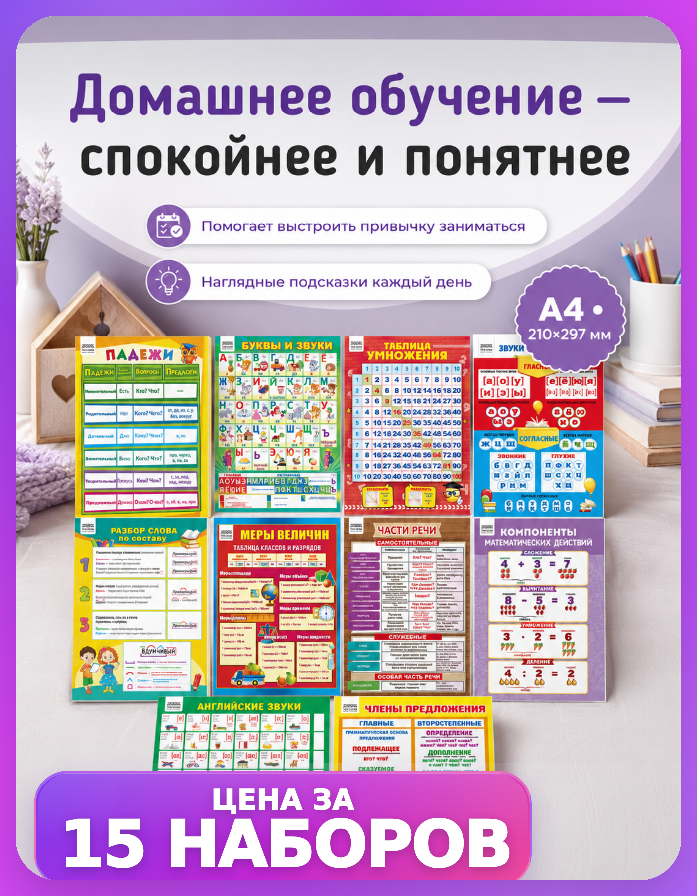 Школьные плакаты А4 таблица умножения, 15 наборов
