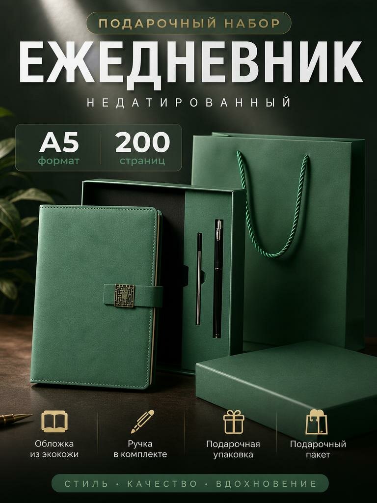 Подарочный набор ежедневник с ручкой недатированный А5 зеленый