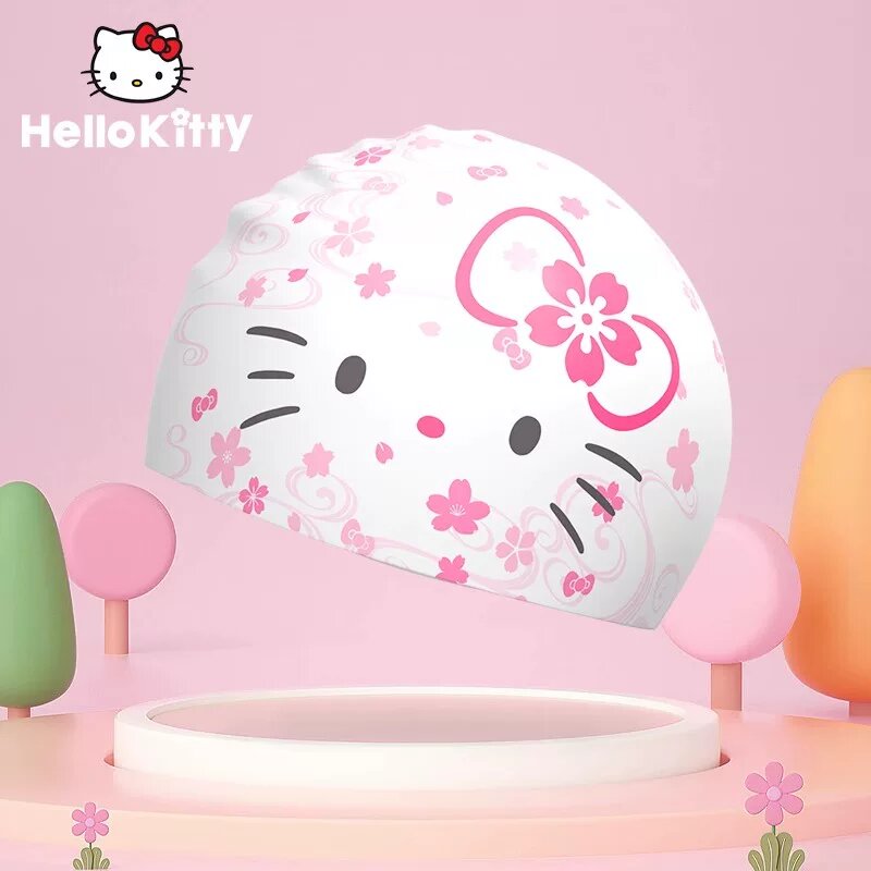 Белая шапочка с цветами вишни для плавания для детей 3-14 лет, не сдавливающая, высокая эластичность, обхват головы