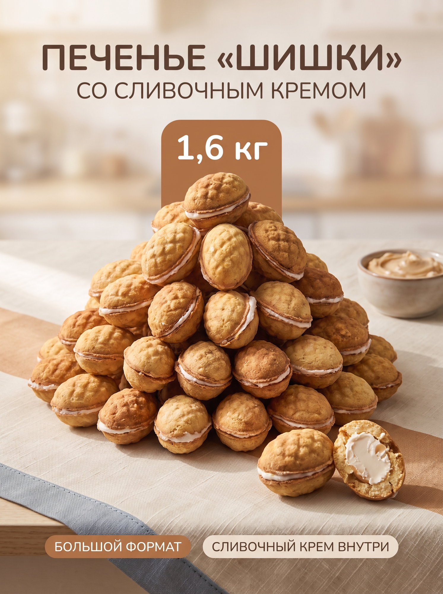 Песочное печенье Шишки со сливочным кремом 1,6 кг, фигурное печенье с начинкой к чаю