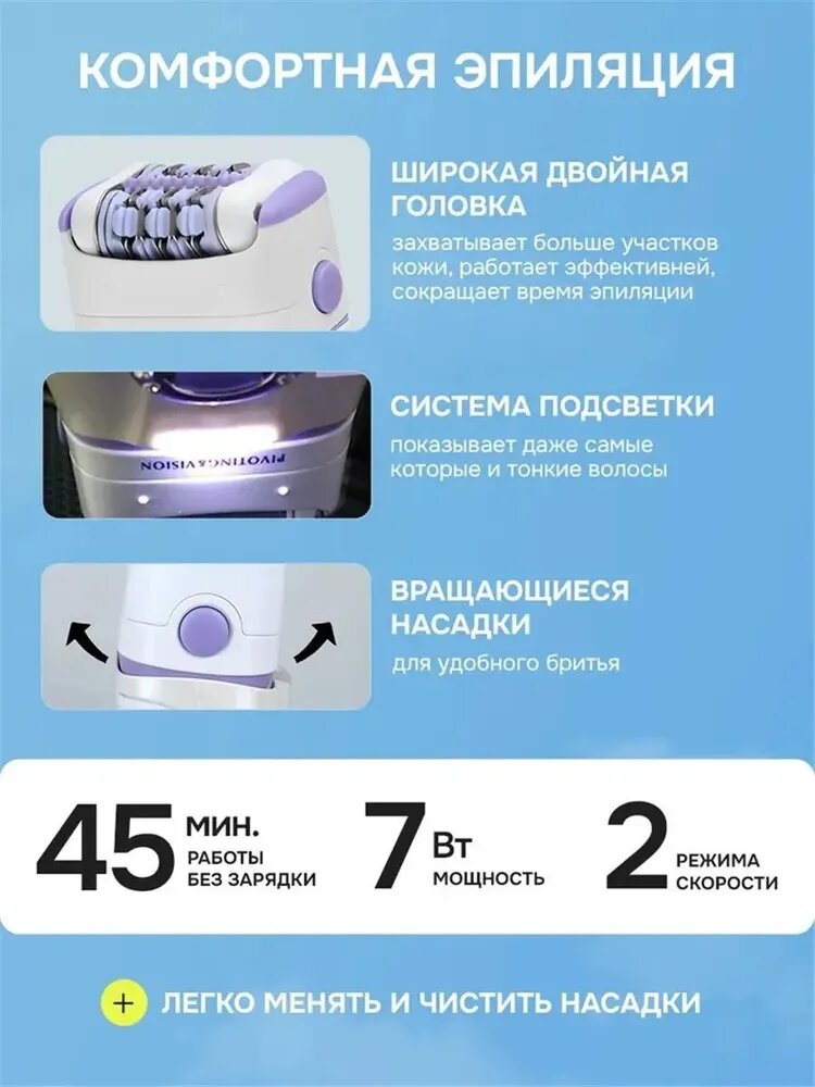 Эпилятор Kemei KM-1981 JC0317 для всего тела, двойная головка, белый, беспроводной — фото 1