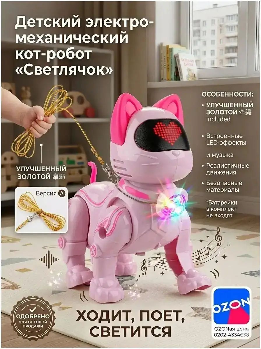 Качественный поющий кот на верёвке, шагающий интерактивно для детей
