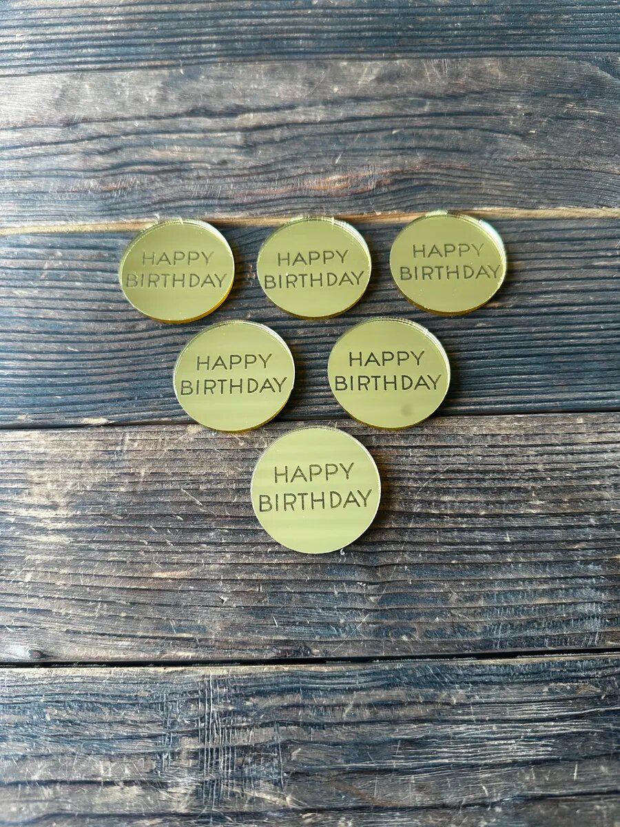 Топпер на торт Happy Birthday круг золотой акрил, 6 шт