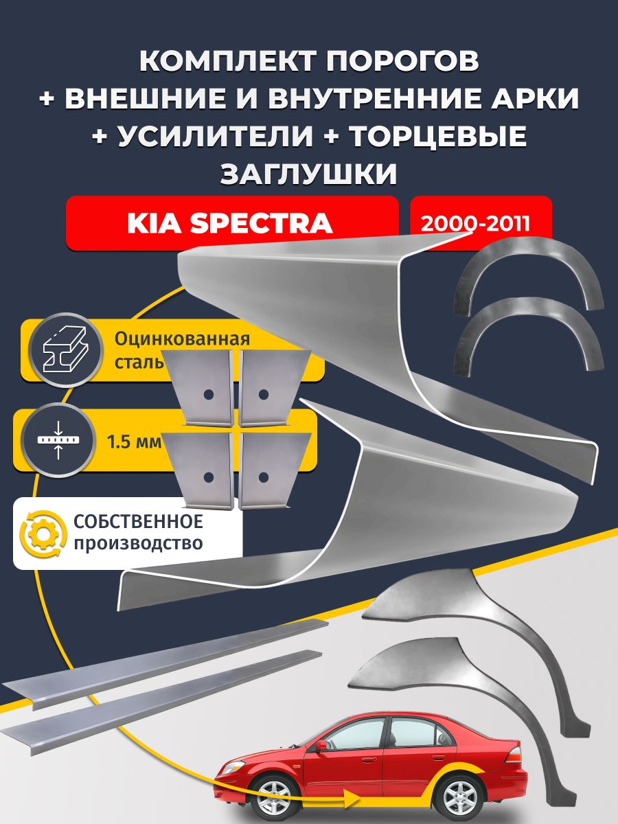 Комплект ремонтных задних внешних и внутренних арок (0,8 мм) + комплект порогов + 4 торцевые заглушки + усилители, на Kia Spectra 2000-2011 седан (Киа Спектра) Оцинкованная сталь 1.5 мм