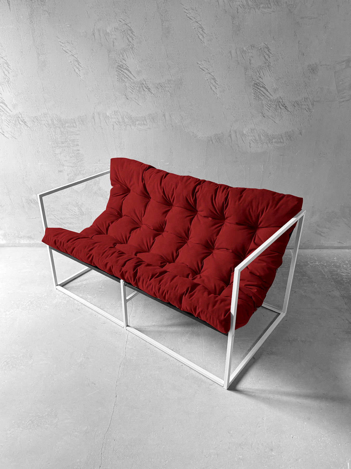 Диван лофт прямой, уличный, в офис, на балкон, на веранду, в гостинную, кухонный, Лофтовик + велюр красный , белый каркас