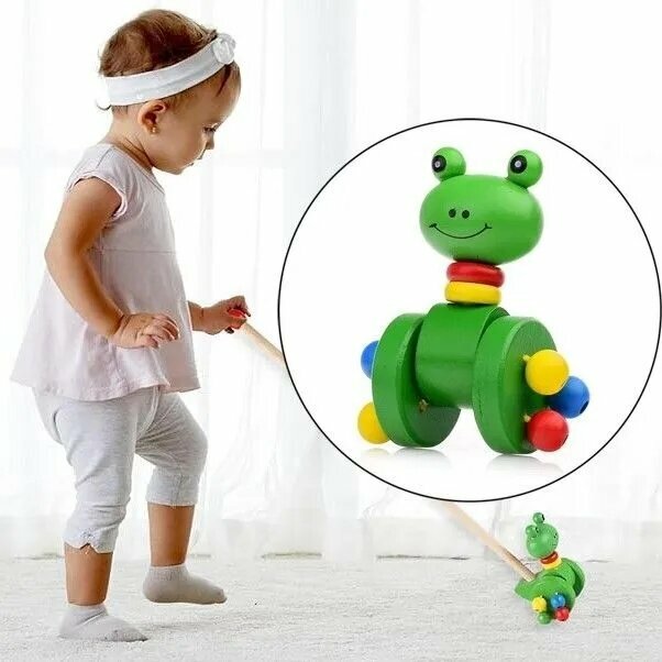 Развивающая игрушка для малышей от 1 года - Каталка детская с ручкой деревянная - Для побуждения интереса к ходьбе