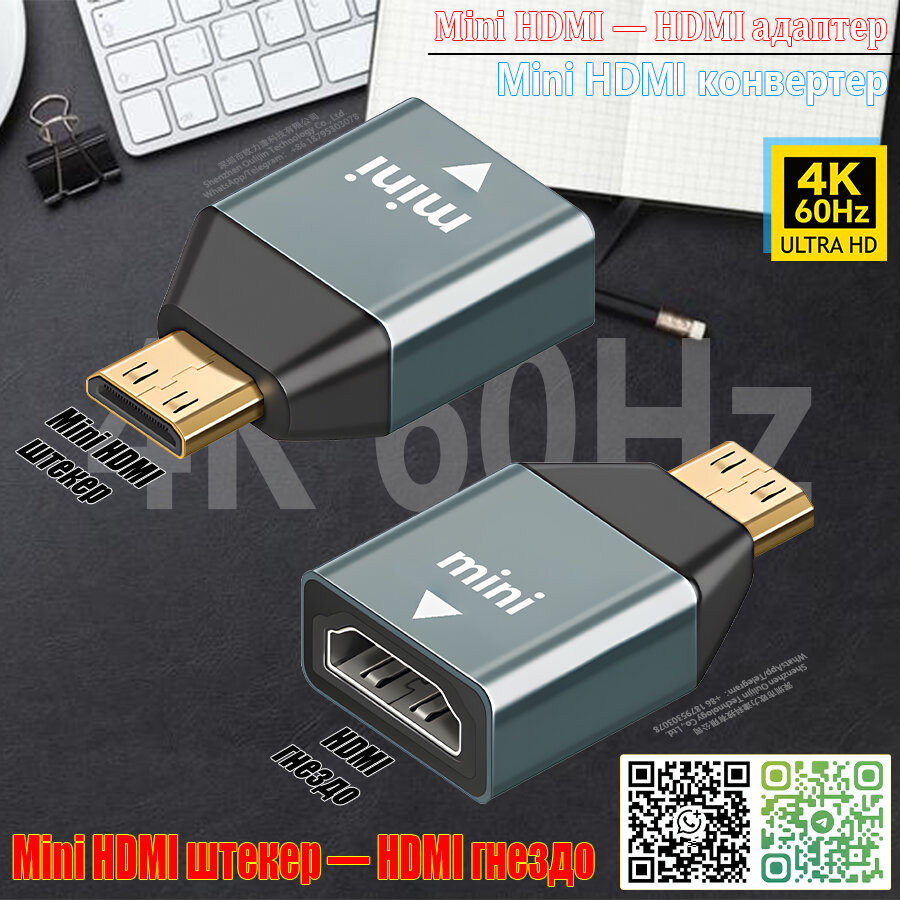 Адаптер Mini-HDMI UHD 4K 60 Гц для ноутбука, видеокарты, камеры, телевизора и монитора.